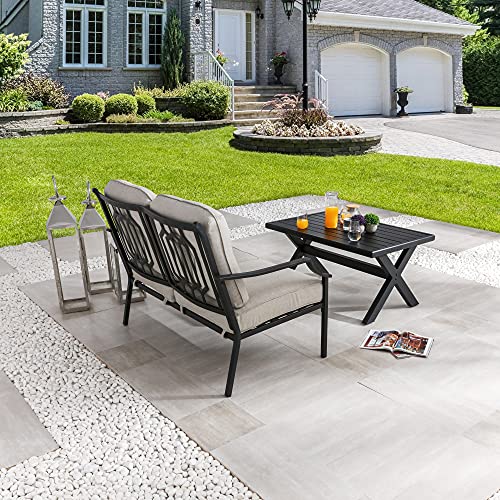 LOKATSE HOME Outdoor Loveseat and Coffee Table Metal Conversation Set Patio Furniture with Cushions for Poolside Backyard Lawn, Beige