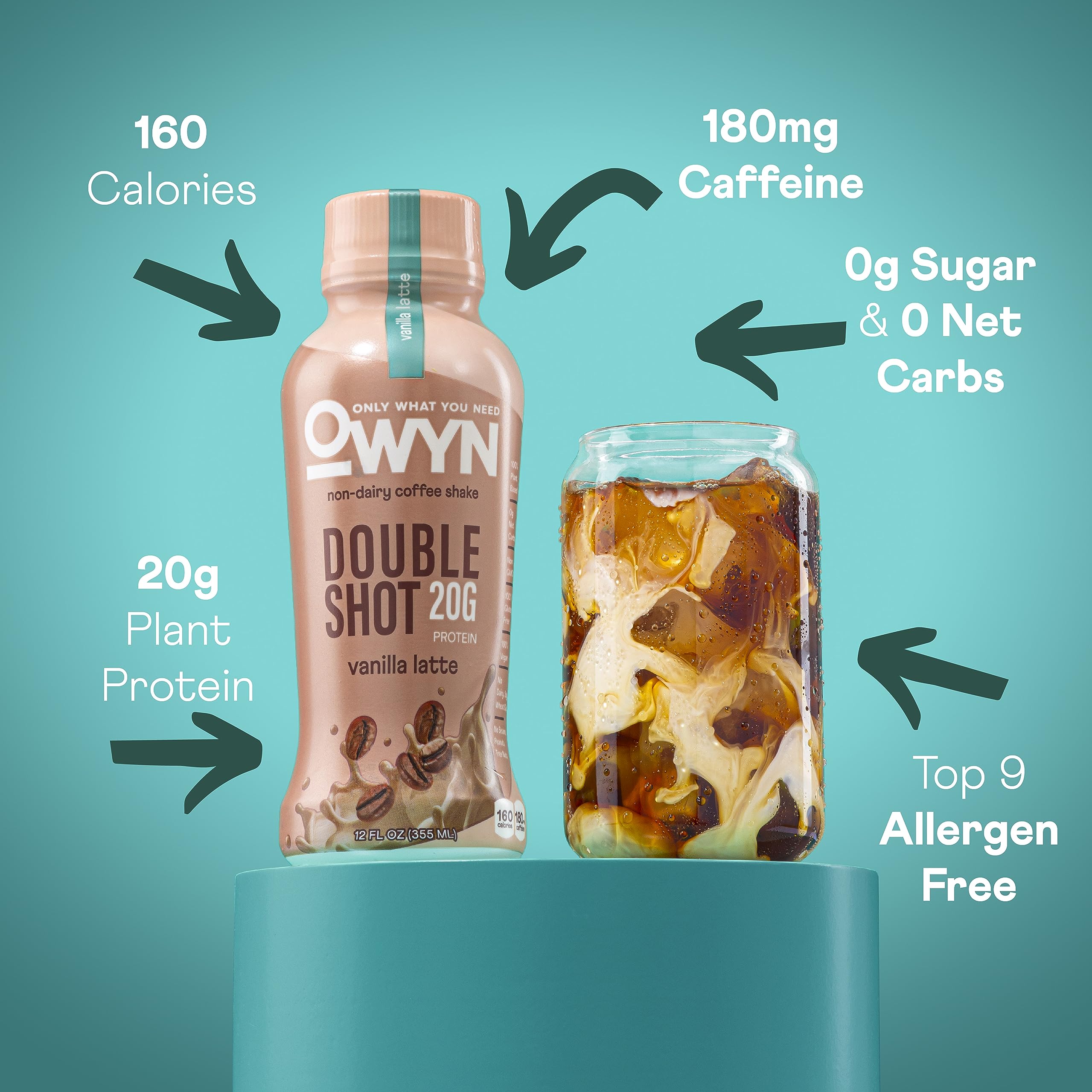 OWYN Only What You Need Double Shot Dairy Free Keto Protein Coffee Shake, Vanilla Latte, 0g Sugar, 20g Plant Based Protein, 180mg Caffeine, Gluten & Soy Free, Non-GMO, Vegan (12 Pack, 12 Fl Oz)