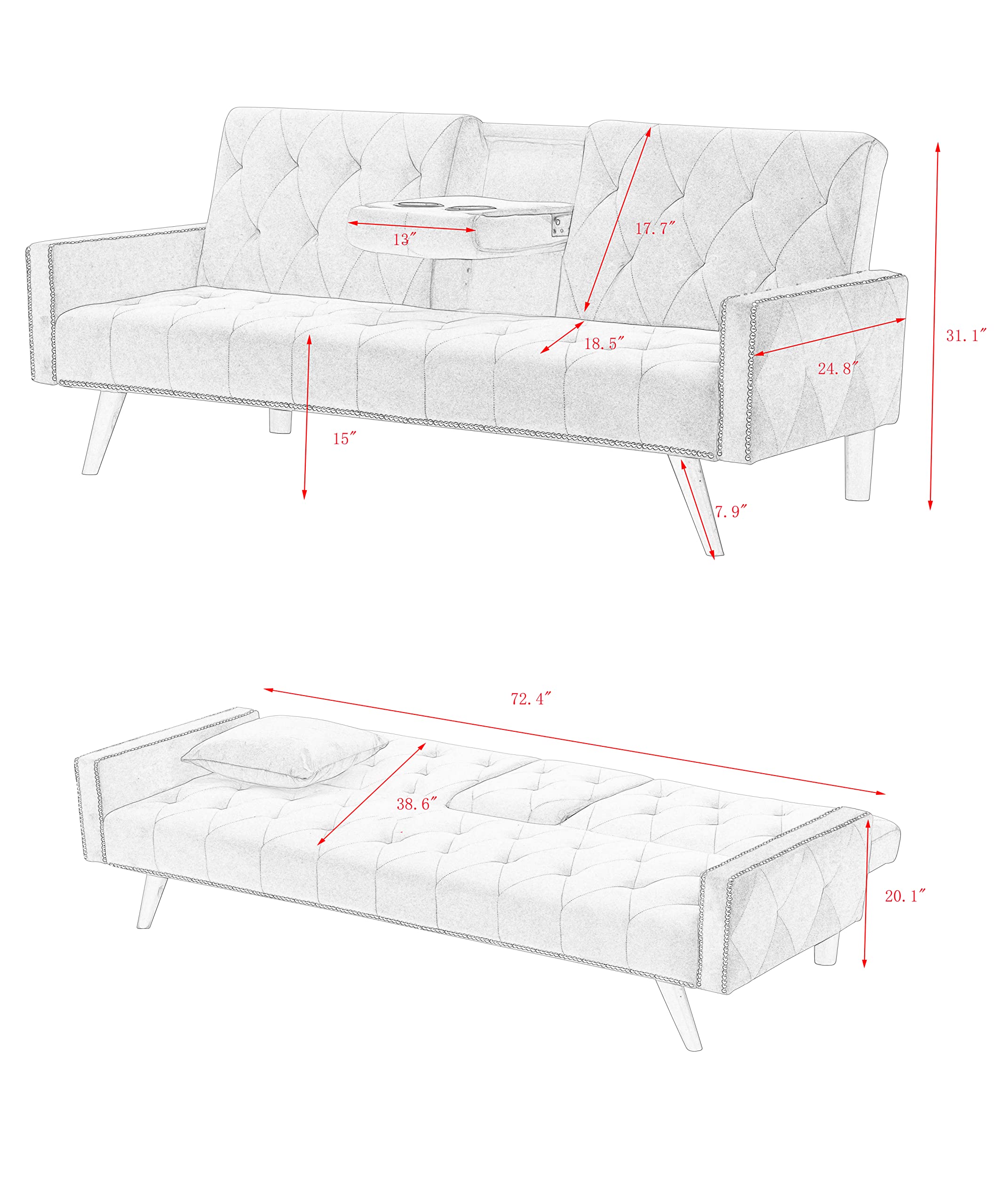 Modern Velvet Tufted Upholstered Futon Sofabed Living Room Loveseat Convertible Sleeper Couch Bed with Nailhead Decor and Drop-Down Cupholdes for Home Office Apartment