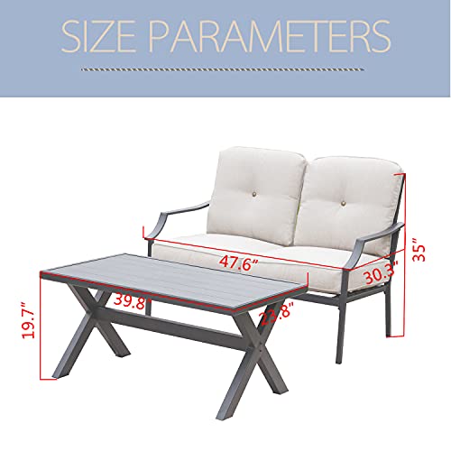 LOKATSE HOME Outdoor Loveseat and Coffee Table Metal Conversation Set Patio Furniture with Cushions for Poolside Backyard Lawn, Beige