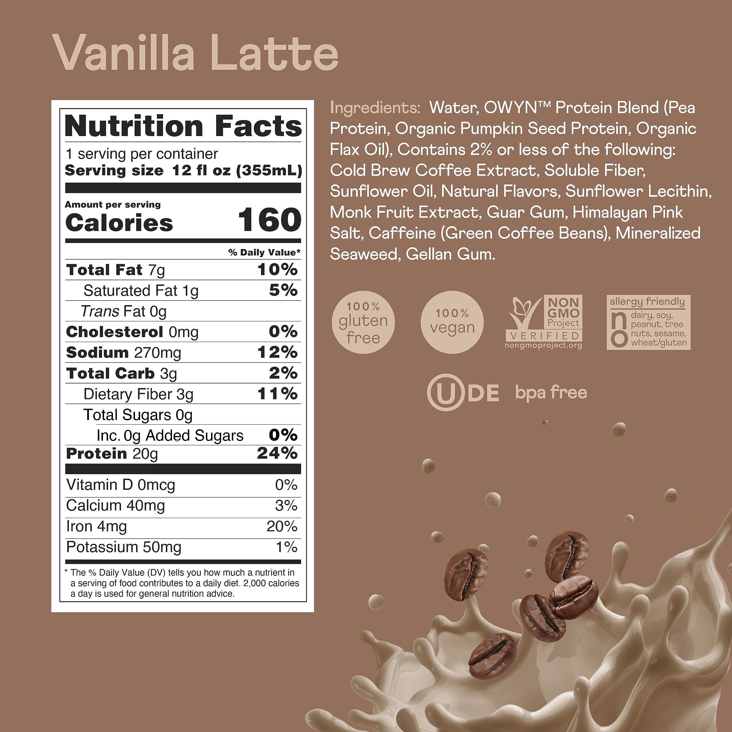 OWYN Only What You Need Double Shot Dairy Free Keto Protein Coffee Shake, Vanilla Latte, 0g Sugar, 20g Plant Based Protein, 180mg Caffeine, Gluten & Soy Free, Non-GMO, Vegan (12 Pack, 12 Fl Oz)