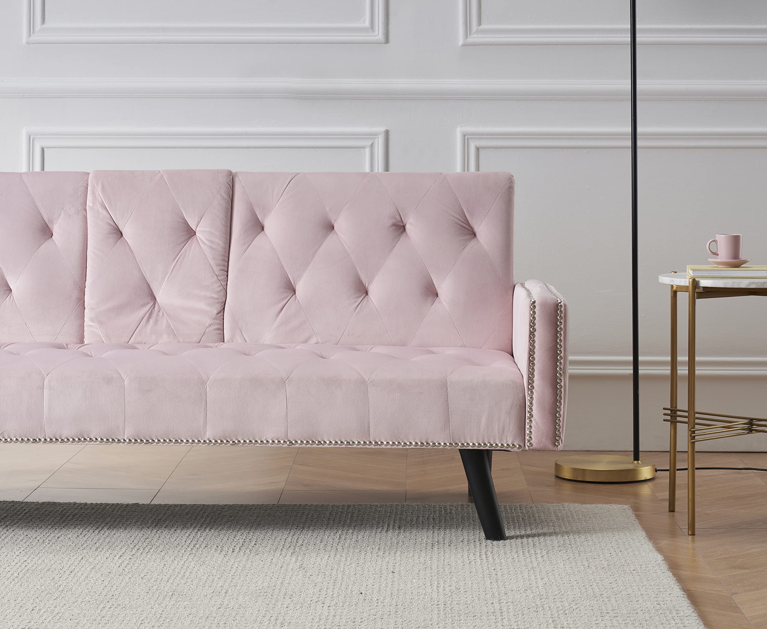 Modern Velvet Tufted Upholstered Futon Sofabed Living Room Loveseat Convertible Sleeper Couch Bed with Nailhead Decor and Drop-Down Cupholdes for Home Office Apartment