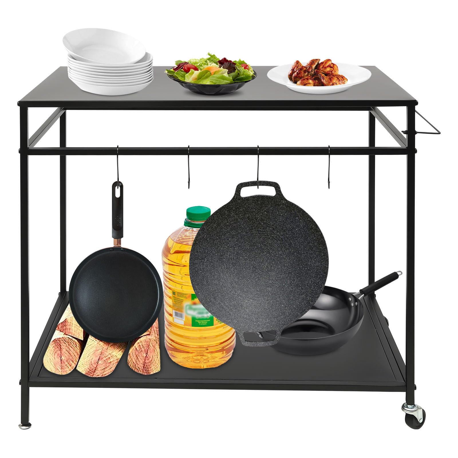 MELONGKAYLON Dining Cart Table, 304 Stainless Outdoor Grill Cart Double-Shelf, Movable Cooking Table, Outdoor Dining Cart with Storage and Spice Rack, for Kitchen or Backyard Patio Indoor (Black)