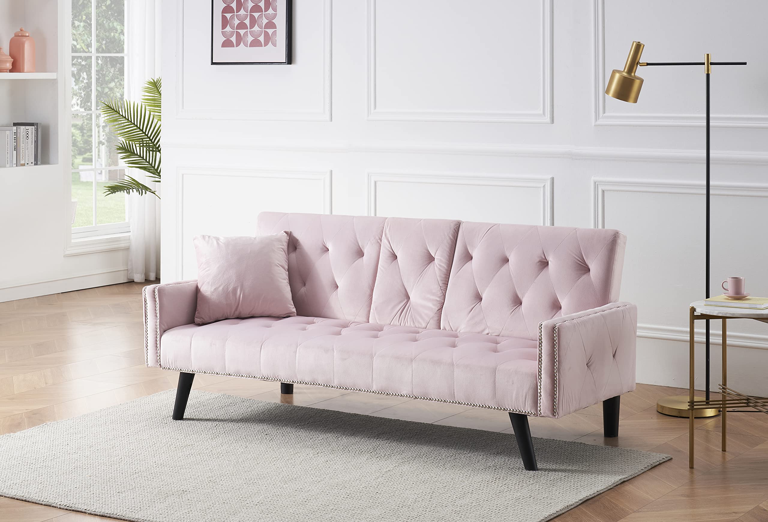 Modern Velvet Tufted Upholstered Futon Sofabed Living Room Loveseat Convertible Sleeper Couch Bed with Nailhead Decor and Drop-Down Cupholdes for Home Office Apartment