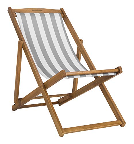 Safavieh PAT7040B-SET2 Outdoor Collection Loren Teak, White Foldable Sling Adirondack Chair, Natural/Grey Stripe
