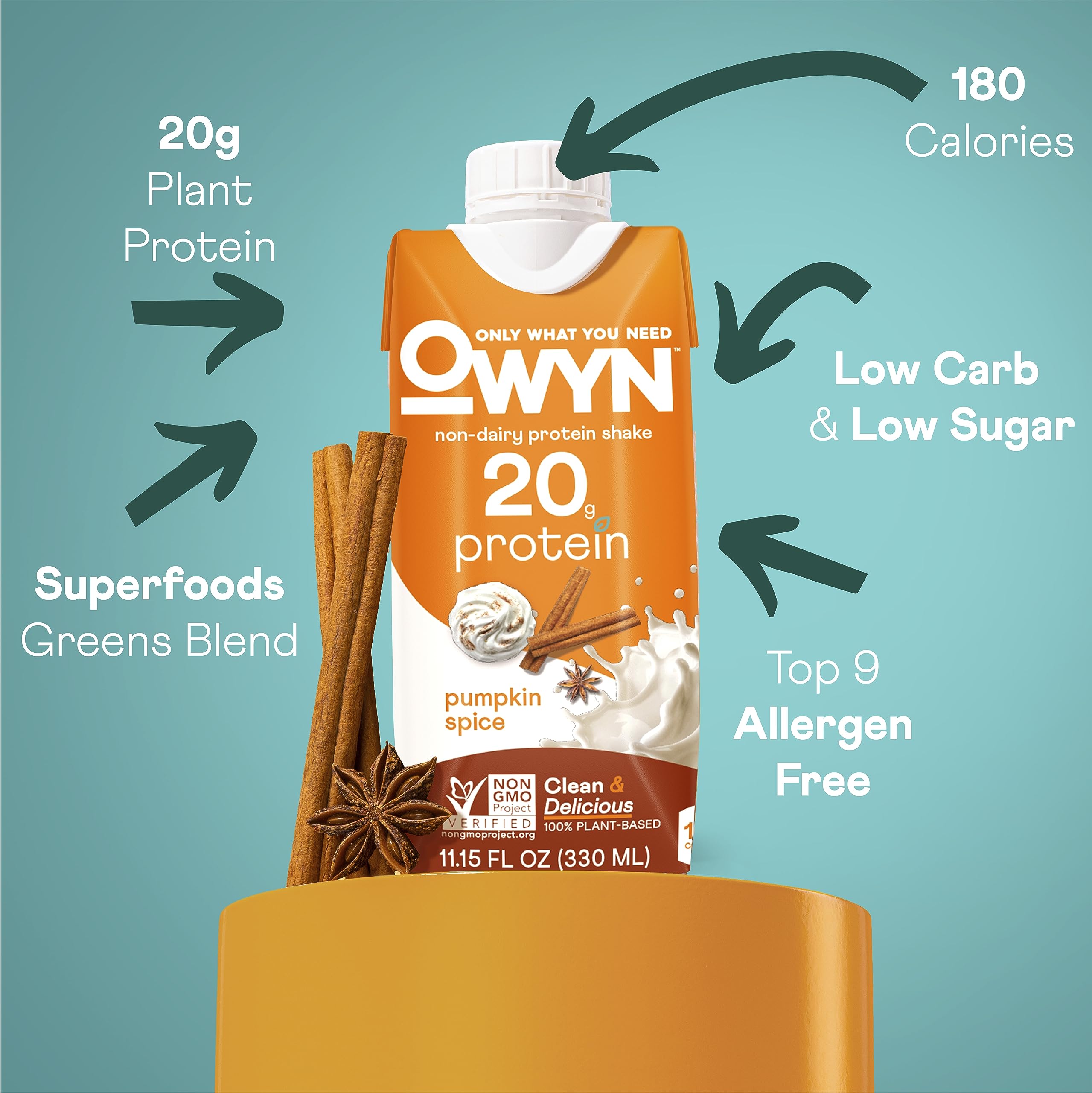 Owyn Vegan Protein Shake, Pumpkin Spice, 20g Plant Based Protein, Omega-3, Prebiotic Supplements, Gluten-Free, Soy-Free, Non-GMO (Pumpkin Spice, 12 Pack) (Packaging May Vary)