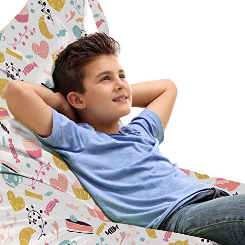 Ambesonne Colorful Lounger Chair Bag, Pattern of Different Tasty Sweets Cakes Cup of Coffees Candies and Croissant, High Capacity Storage with Handle Container, Lounger Size, Multicolor