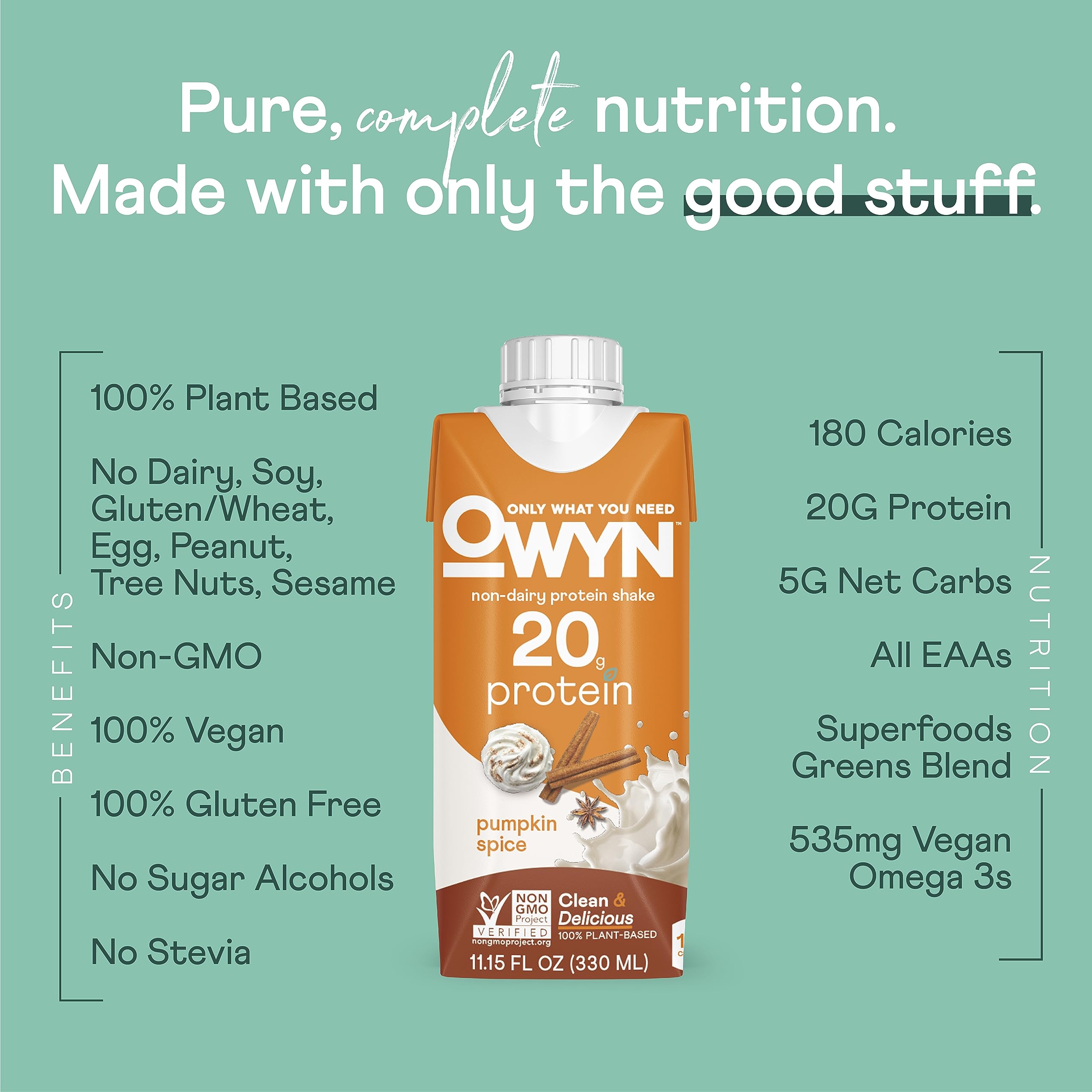 Owyn Vegan Protein Shake, Pumpkin Spice, 20g Plant Based Protein, Omega-3, Prebiotic Supplements, Gluten-Free, Soy-Free, Non-GMO (Pumpkin Spice, 12 Pack) (Packaging May Vary)