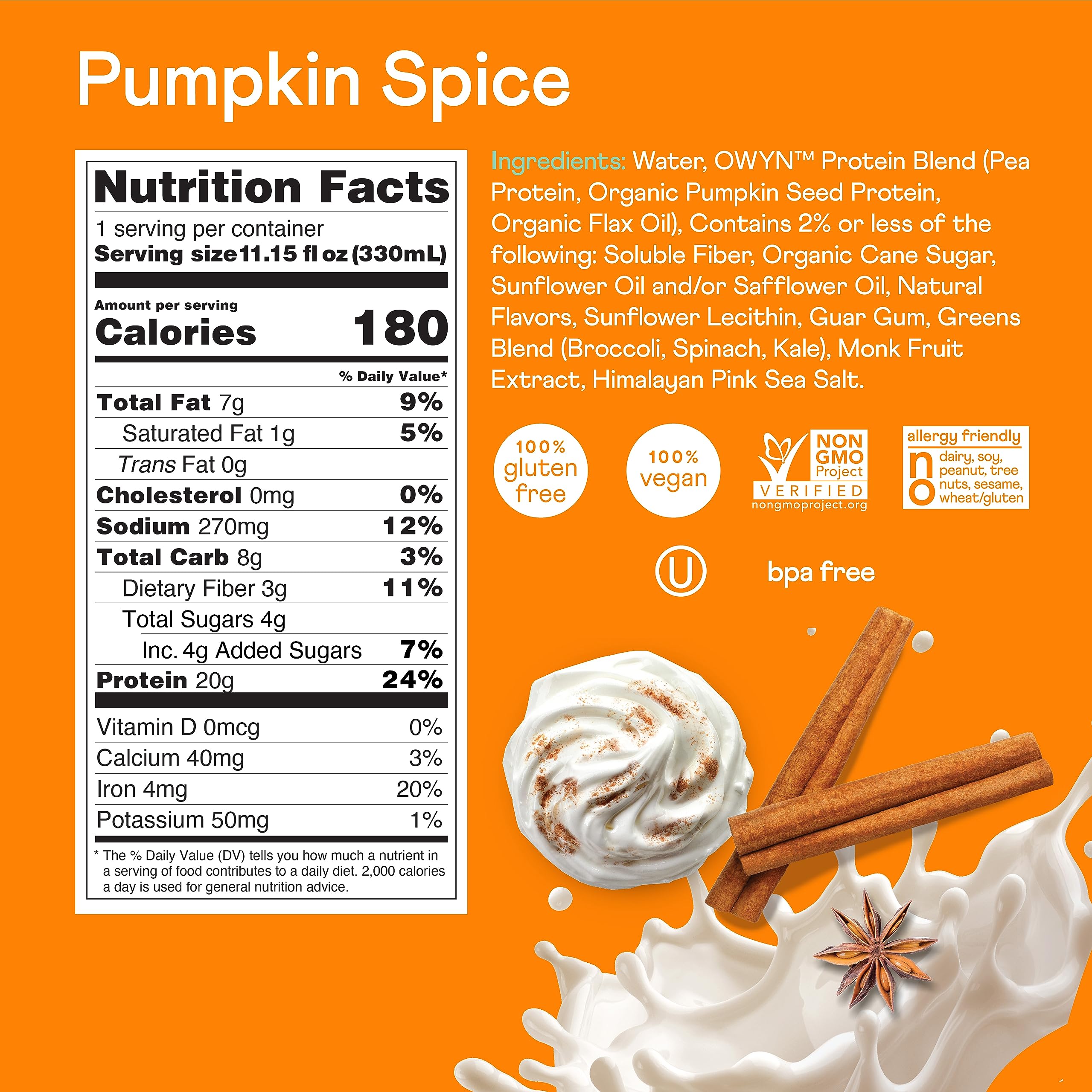 Owyn Vegan Protein Shake, Pumpkin Spice, 20g Plant Based Protein, Omega-3, Prebiotic Supplements, Gluten-Free, Soy-Free, Non-GMO (Pumpkin Spice, 12 Pack) (Packaging May Vary)