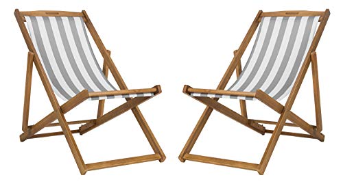 Safavieh PAT7040B-SET2 Outdoor Collection Loren Teak, White Foldable Sling Adirondack Chair, Natural/Grey Stripe