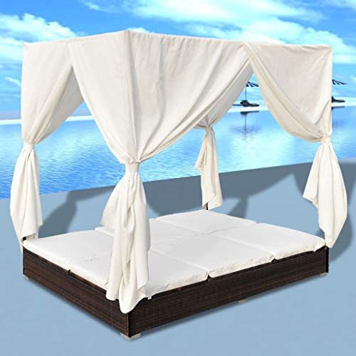 Festnight 2-Person Sun Lounger with Curtains Sunbed Outdoor Sofabed Garden Furniture Weather-Resistant & Waterproof PE Poly Rattan Removable & Washable Cushion Brown