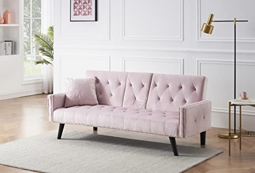 Modern Velvet Tufted Upholstered Futon Sofabed Living Room Loveseat Convertible Sleeper Couch Bed with Nailhead Decor and Drop-Down Cupholdes for Home Office Apartment