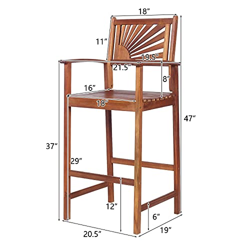 COSTWAY Bar Stools Set of 2, Outdoor Acacia Wood Bar Chairs with Sunflower Backrest, Curved Armrests & Breathable Seat, Ideal for Balcony, Sunroom, Patio, Easy Assembly (1)