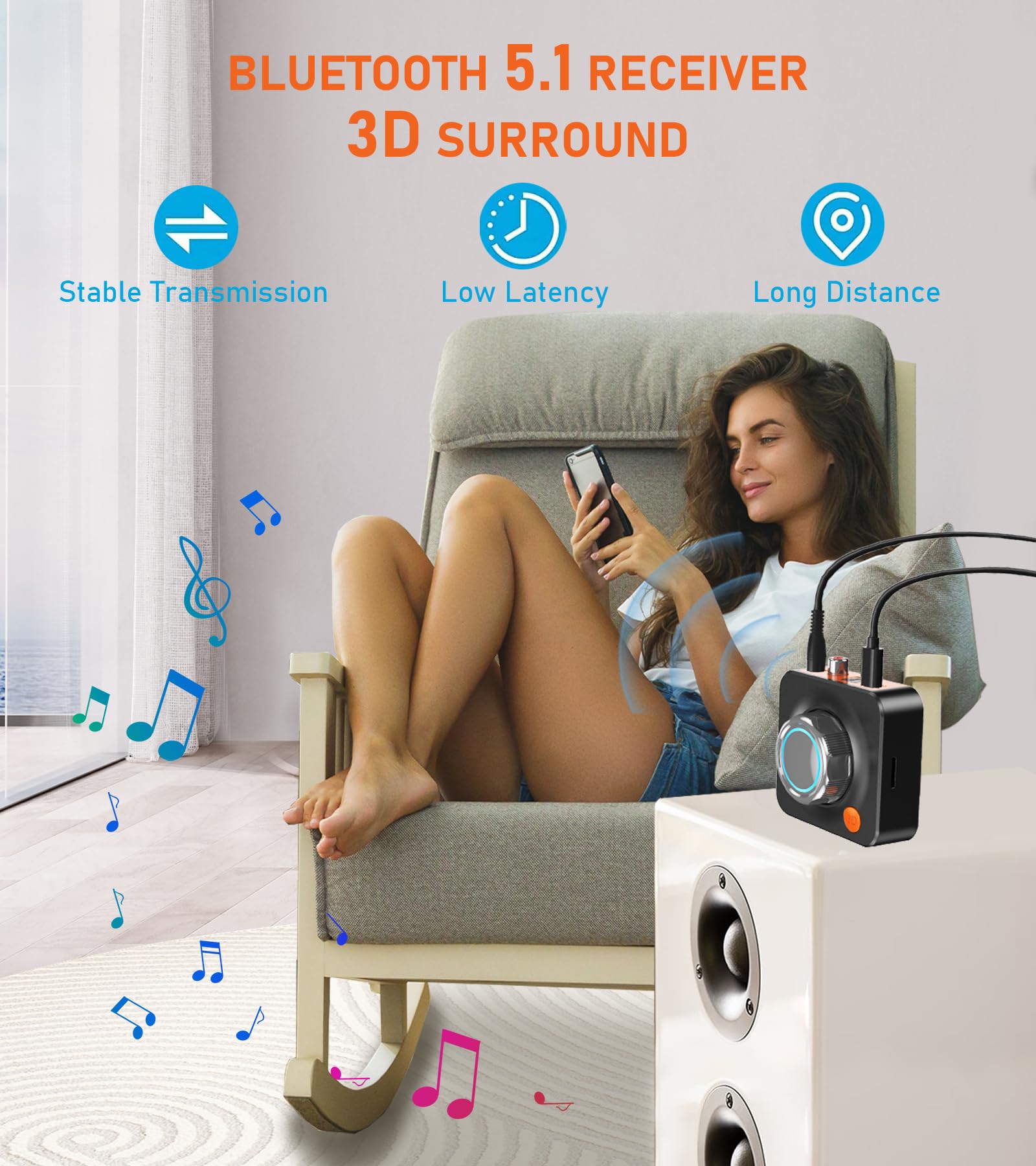 KAIY Bluetooth Audio Receiver, 3D Surround HiFi Music Streaming, 3.5mm AUX, Optical, Coaxial, TF Card Compatible, 33ft Range, No Battery