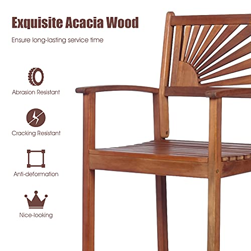COSTWAY Bar Stools Set of 2, Outdoor Acacia Wood Bar Chairs with Sunflower Backrest, Curved Armrests & Breathable Seat, Ideal for Balcony, Sunroom, Patio, Easy Assembly (1)