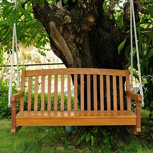 Hanging Porch Swing Brown Traditional Western Acacia Wood Water Resistant Weather