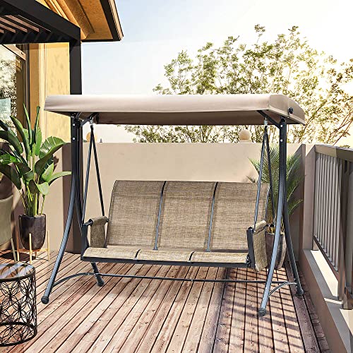 Outsunny 3-Seat Patio Swing Chair, Outdoor Porch Swing Glider with Adjustable Canopy, Side Pouches, Breathable Seat and Back, for Garden, Poolside, Backyard, Brown