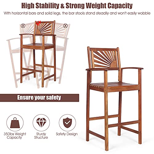 COSTWAY Bar Stools Set of 2, Outdoor Acacia Wood Bar Chairs with Sunflower Backrest, Curved Armrests & Breathable Seat, Ideal for Balcony, Sunroom, Patio, Easy Assembly (1)