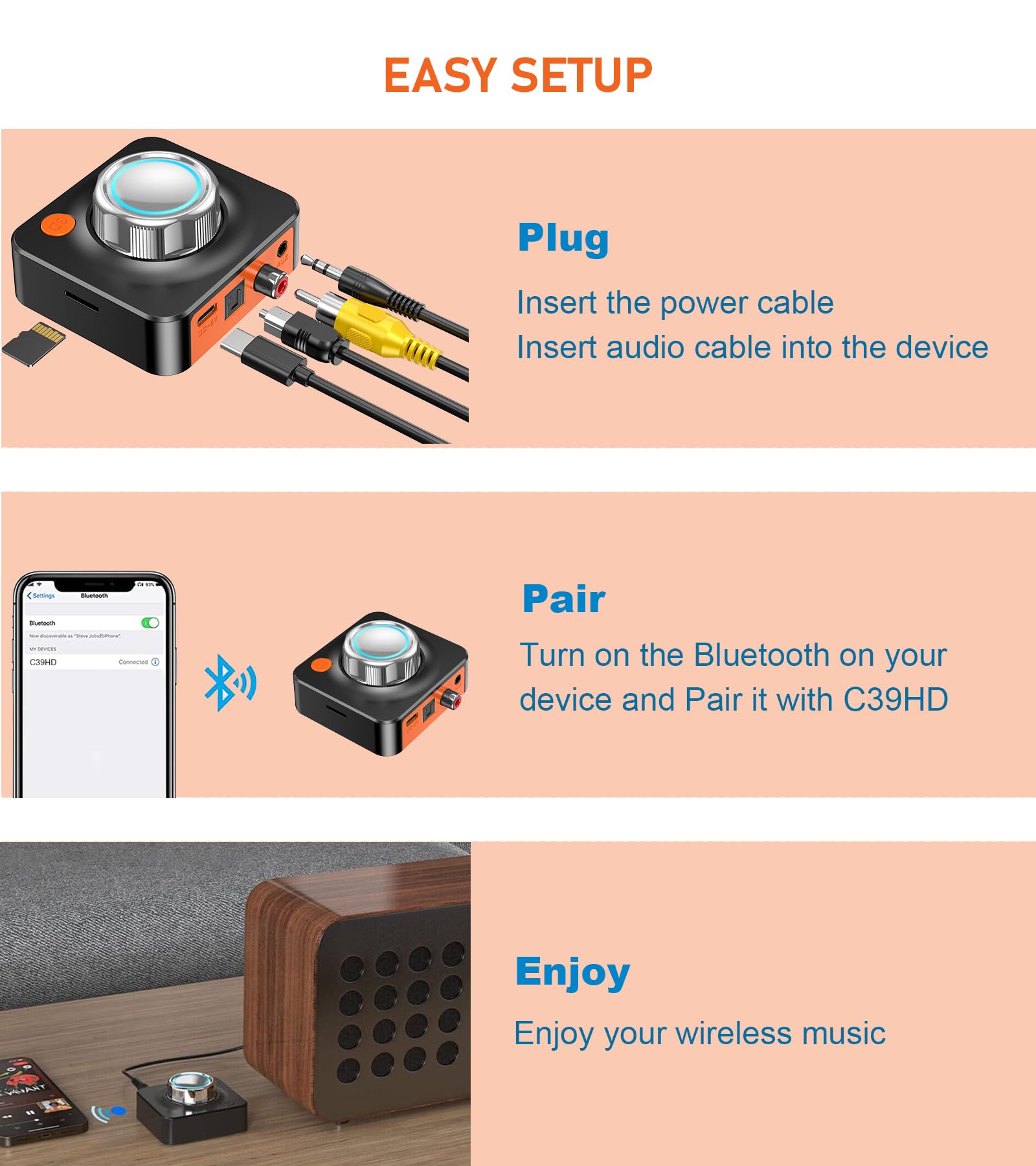 KAIY Bluetooth Audio Receiver, 3D Surround HiFi Music Streaming, 3.5mm AUX, Optical, Coaxial, TF Card Compatible, 33ft Range, No Battery