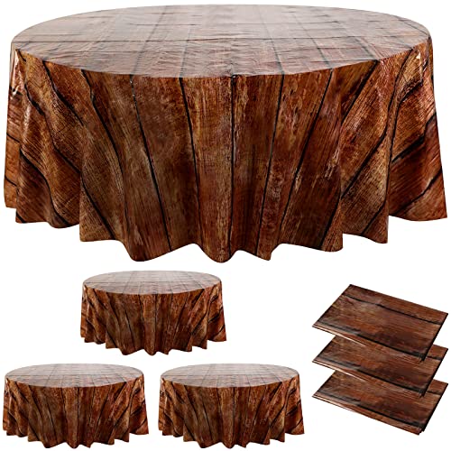 Remagr 3 Pack Wood Grain Round Tablecloth 84 Inch Waterproof Stain Resistant Polyester Table Cloth Disposable Stripe Cover for Baby Shower Birthday Dining Buffet Party Picnic Decor