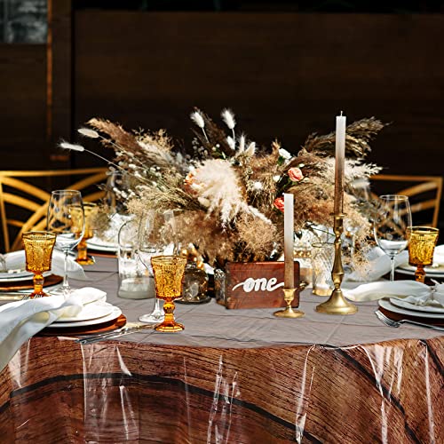 Remagr 3 Pack Wood Grain Round Tablecloth 84 Inch Waterproof Stain Resistant Polyester Table Cloth Disposable Stripe Cover for Baby Shower Birthday Dining Buffet Party Picnic Decor