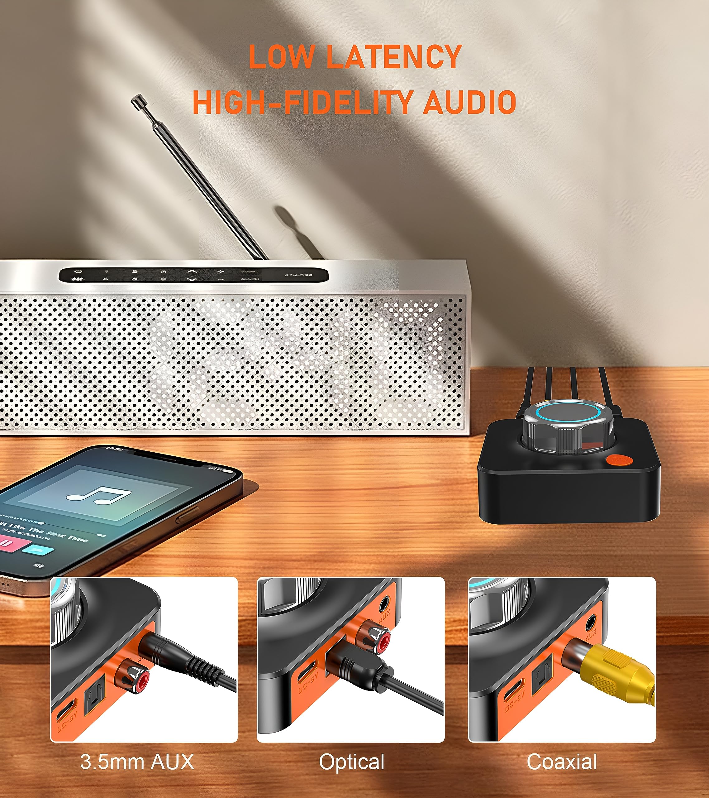 KAIY Bluetooth Audio Receiver, 3D Surround HiFi Music Streaming, 3.5mm AUX, Optical, Coaxial, TF Card Compatible, 33ft Range, No Battery