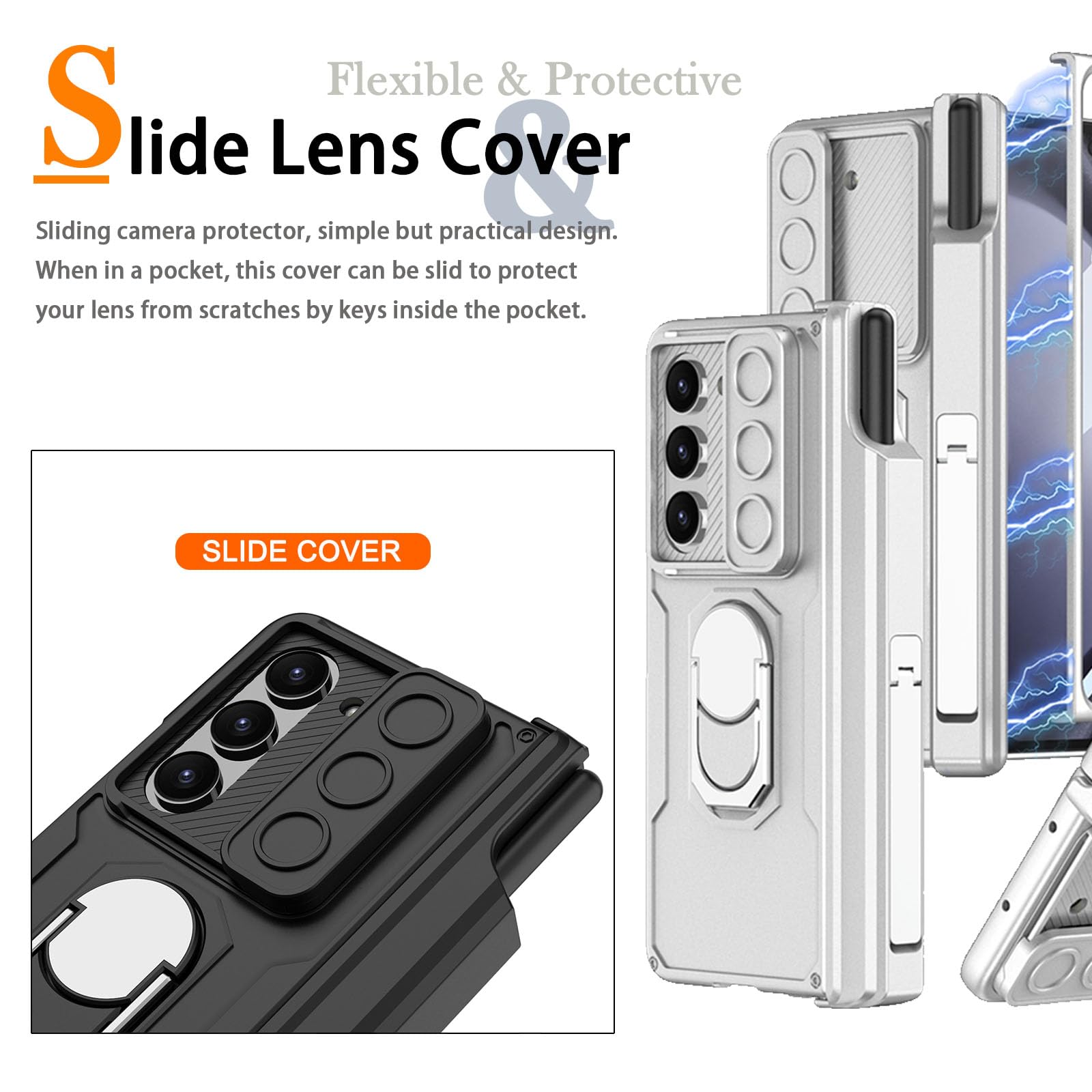 Miimall Compatible for Samsung Fold 5 Case Cover with Pen Holder, [Front Screen Protector] [Sliding Camera Cover ] Military Grade Anti-Scratch Bumper Case for Samsung Galaxy Fold 5 5G (Elegant Silver)