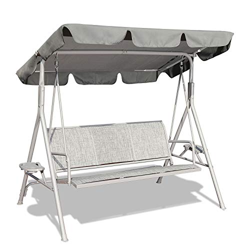 GOLDSUN 3 Person Outdoor Weather Resistant Patio Glider Swing Hammock Chair w/Utility Tray & Sunshade Canopy for Patio, Garden, Deck, or Pool, Gray