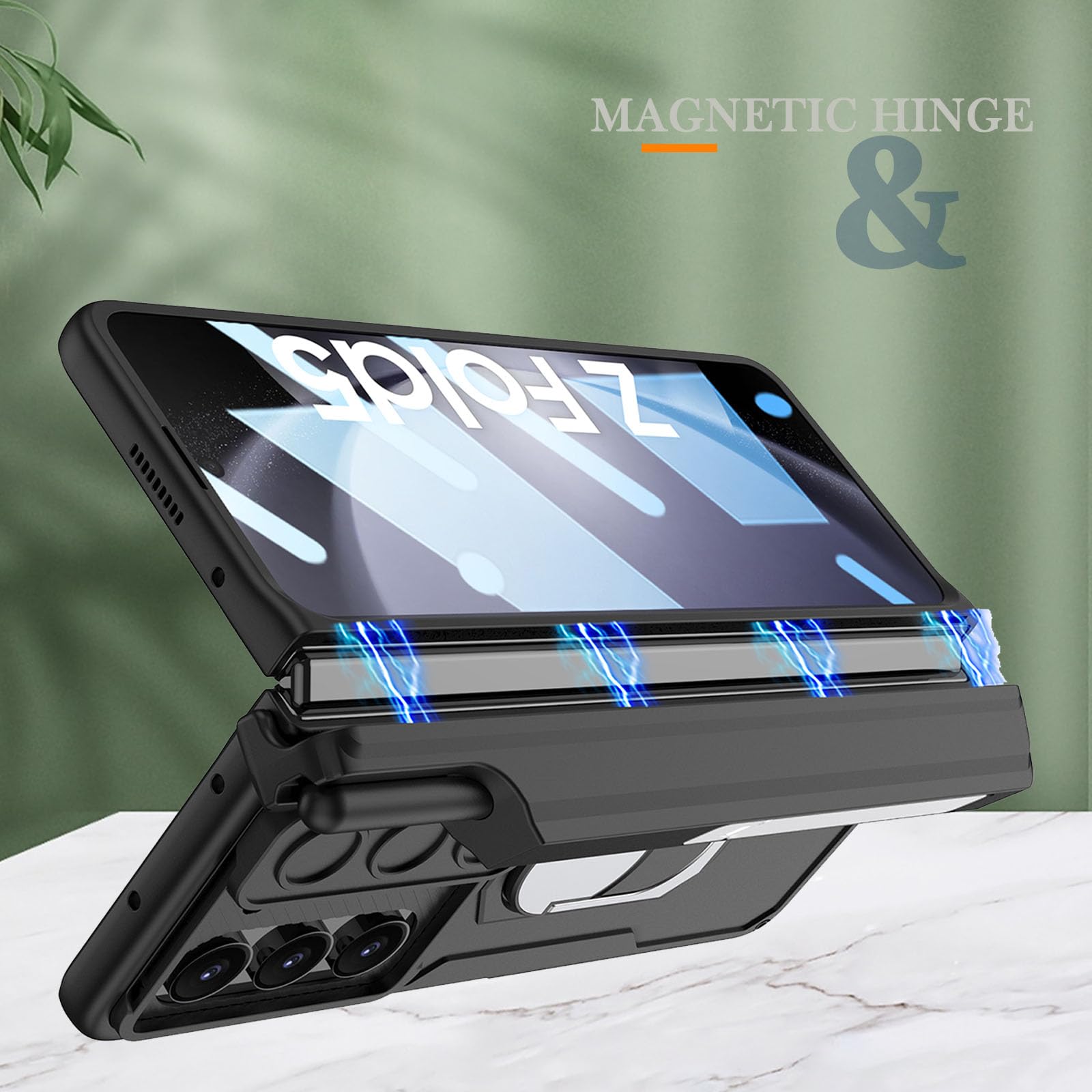 Miimall Compatible for Samsung Fold 5 Case Cover with Pen Holder, [Front Screen Protector] [Sliding Camera Cover ] Military Grade Anti-Scratch Bumper Case for Samsung Galaxy Fold 5 5G (Elegant Silver)