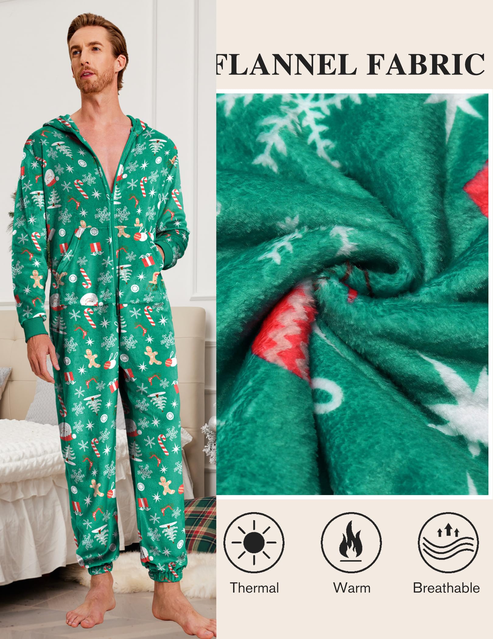 Ekouaer Men One Piece Pajama Fleece Onesie Pajama Zipper Jumpsuit with Pockets S-XXL