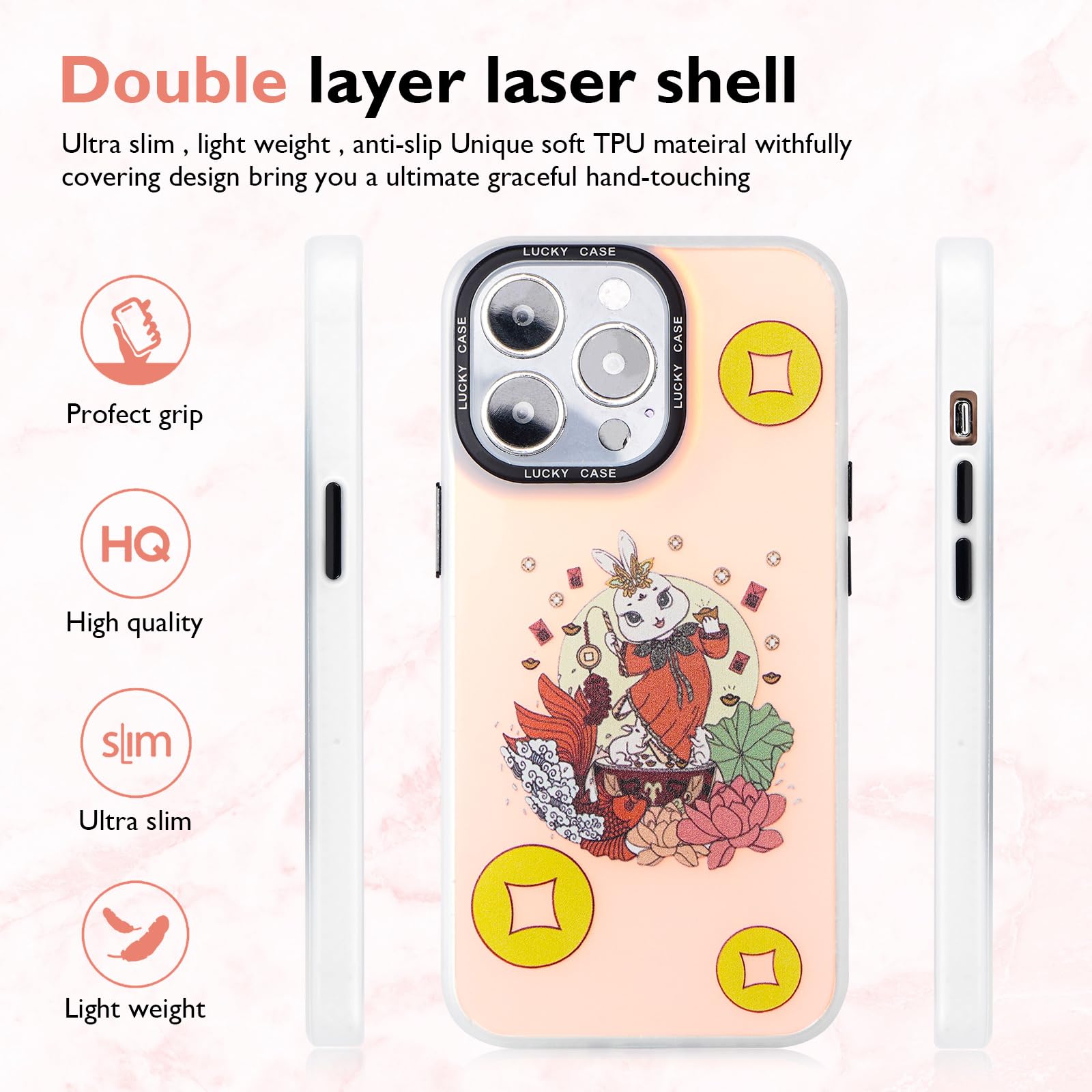 Lao Lin Arts,Compatiable for iPhone Case,Golden Dazzle Phone Case,Change Color with Light,Drop-Proof Phone Case,No Fingerprints,Rabbit, (iPhone 13)