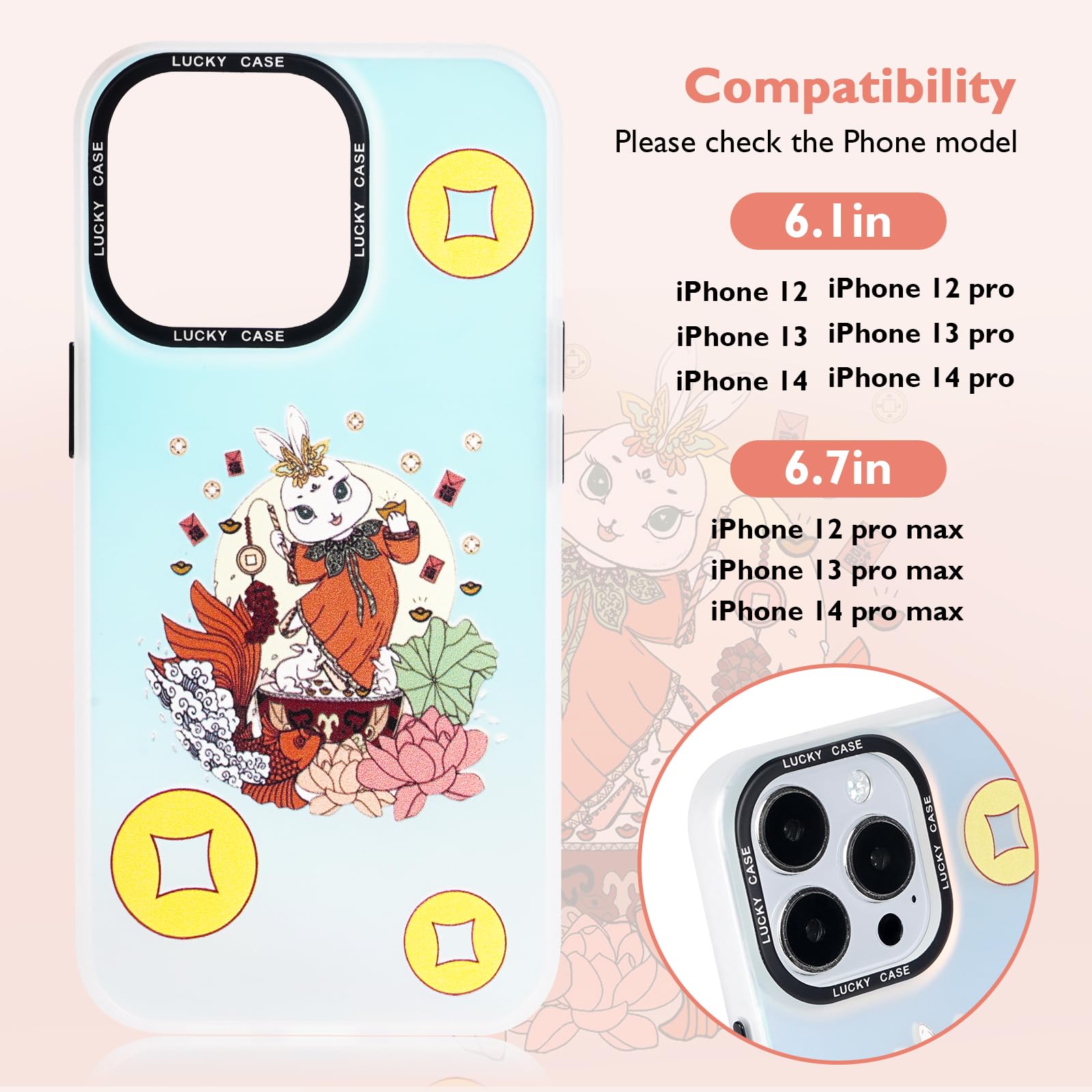 Lao Lin Arts,Compatiable for iPhone Case,Golden Dazzle Phone Case,Change Color with Light,Drop-Proof Phone Case,No Fingerprints,Rabbit, (iPhone 13)
