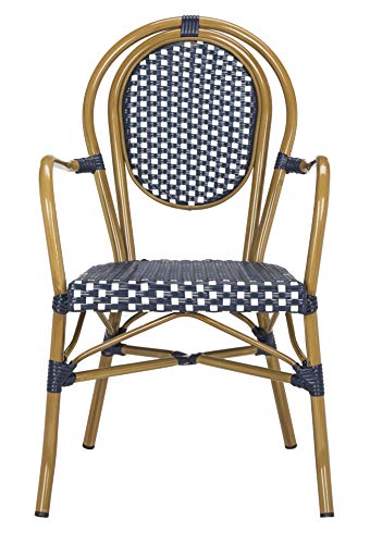 Safavieh PAT4014A-SET2 Outdoor Collection Rosen Navy and White French Bistro Stacking Arm Chair