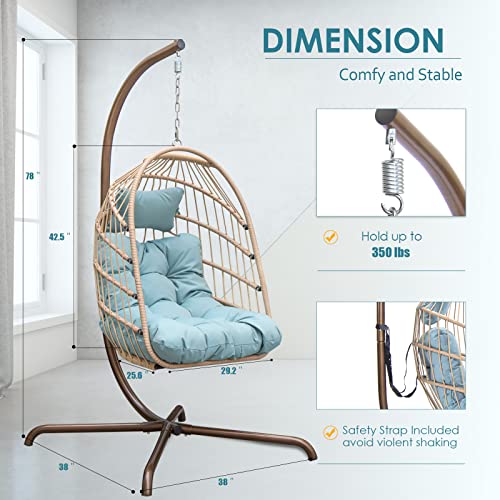 RADIATA Foldable Wicker Rattan Hanging Egg Chair with Stand, Swing Chair with Cushion and Pillow, Lounging Chair for Indoor Outdoor Bedroom Patio Garden (Blue with Stand)