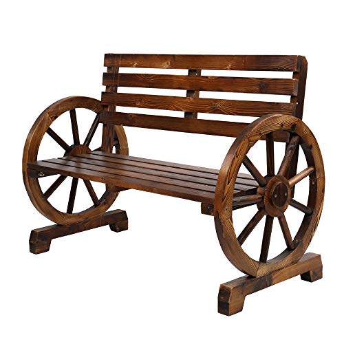 Ochine Wooden Wagon Wheel Porch Bench Rustic Outdoor Bench Seat 2-Person Wood Slatted Seat Chair with Backrest Patio Outdoor Furniture Outdoor Patio Furniture for Patio, Garden, Backyard