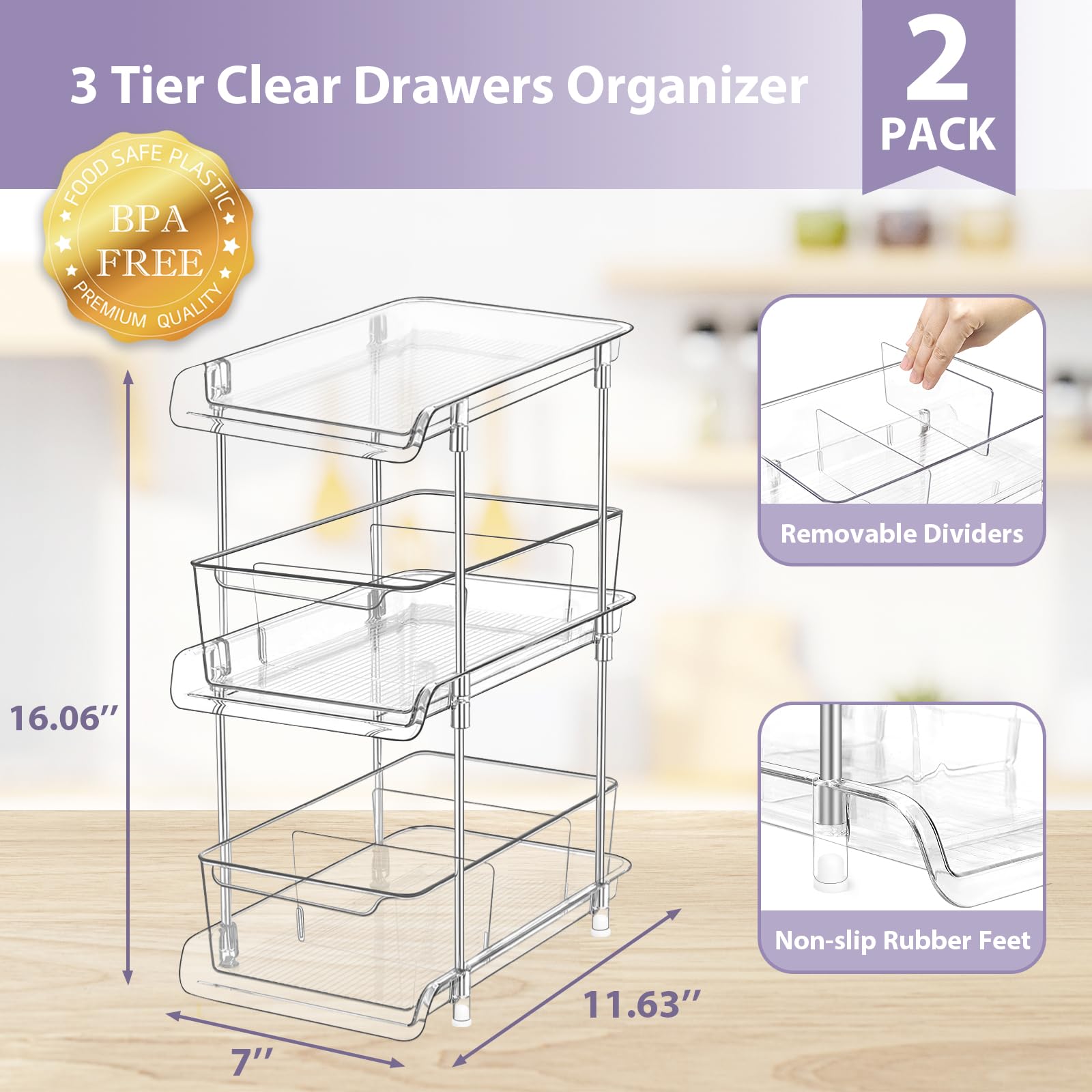 Guzon 2 Set, 3 Tier Pull Out Cabinet Organizer with Dividers, Clear Under Sink Organizer for Bathroom, Kitchen, Pantry, Countertop, Slide Out Medicine Cabinet Organizer