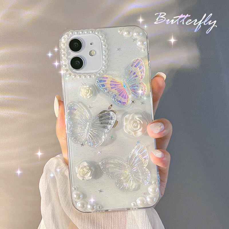 LOLAGIGI for iPhone 13 Pro Max Case Cute Butterfly Flower Pearl 3D Twinkle Glitter Spark Luxury Girly Aesthetic Personalized Design for Women Girls Transparent Epoxy TPU Case, 6.7", Clear