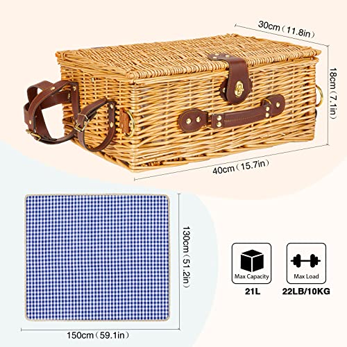 Greenstell Wicker Picnic Basket Sets for 2 Persons with High Sealing Insulation Layer,Waterproof Picnic Mat, Removable Strap and Wine Bag, Tableware, Picnic Basket for Family,Party,Outdoor,Camping