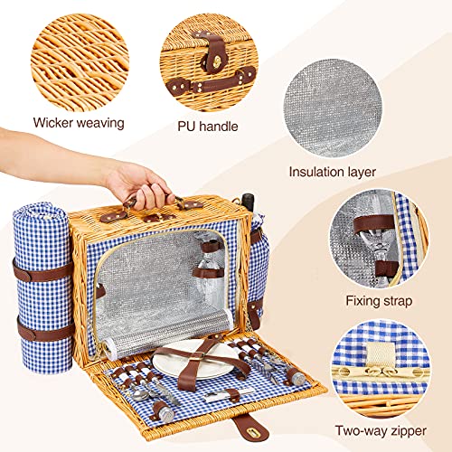 Greenstell Wicker Picnic Basket Sets for 2 Persons with High Sealing Insulation Layer,Waterproof Picnic Mat, Removable Strap and Wine Bag, Tableware, Picnic Basket for Family,Party,Outdoor,Camping