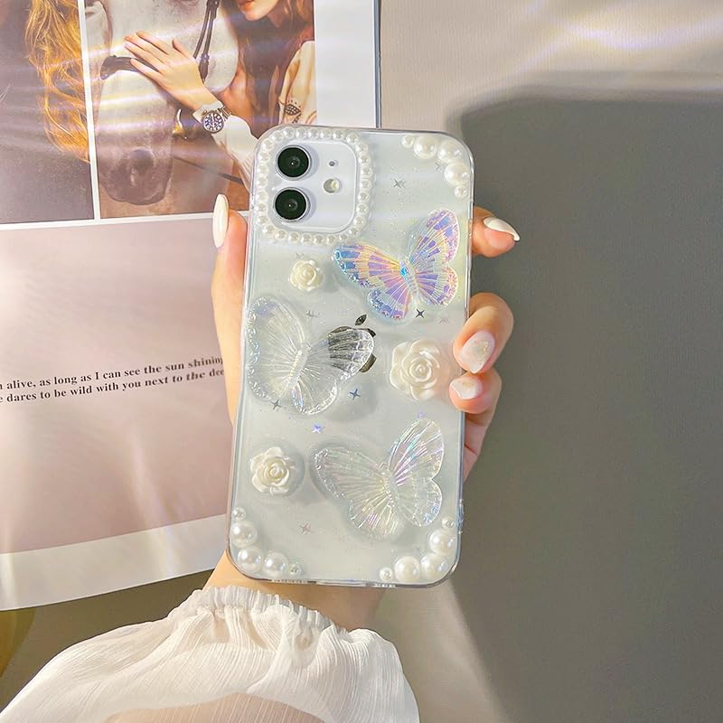 LOLAGIGI for iPhone 13 Pro Max Case Cute Butterfly Flower Pearl 3D Twinkle Glitter Spark Luxury Girly Aesthetic Personalized Design for Women Girls Transparent Epoxy TPU Case, 6.7", Clear