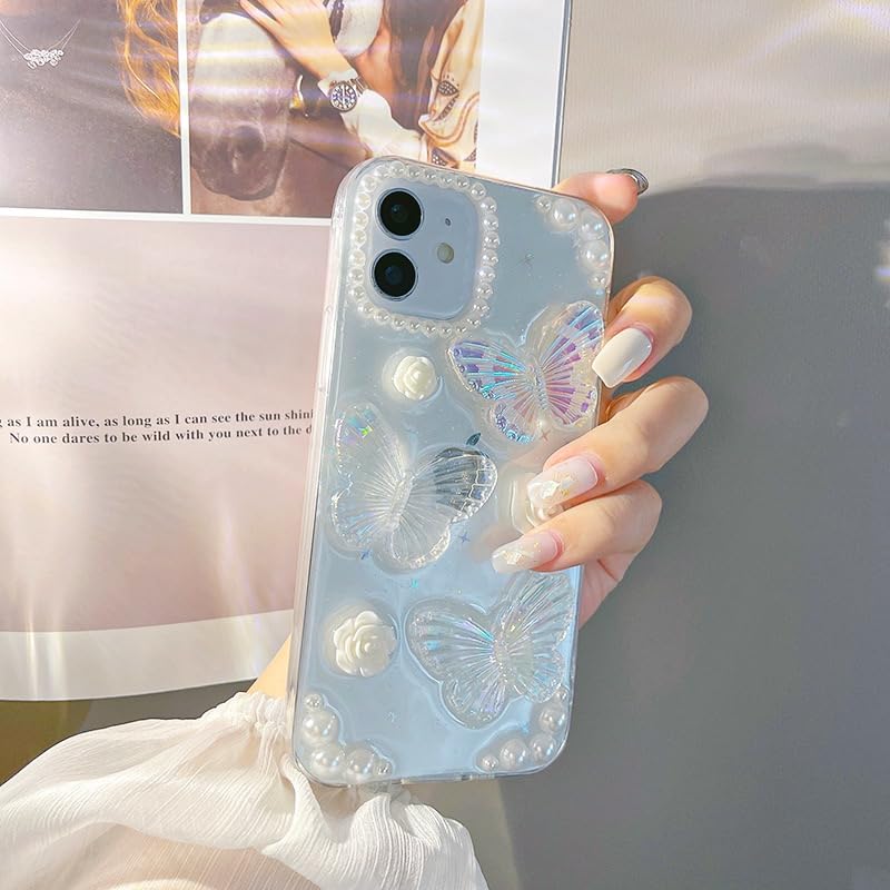 LOLAGIGI for iPhone 13 Pro Max Case Cute Butterfly Flower Pearl 3D Twinkle Glitter Spark Luxury Girly Aesthetic Personalized Design for Women Girls Transparent Epoxy TPU Case, 6.7", Clear