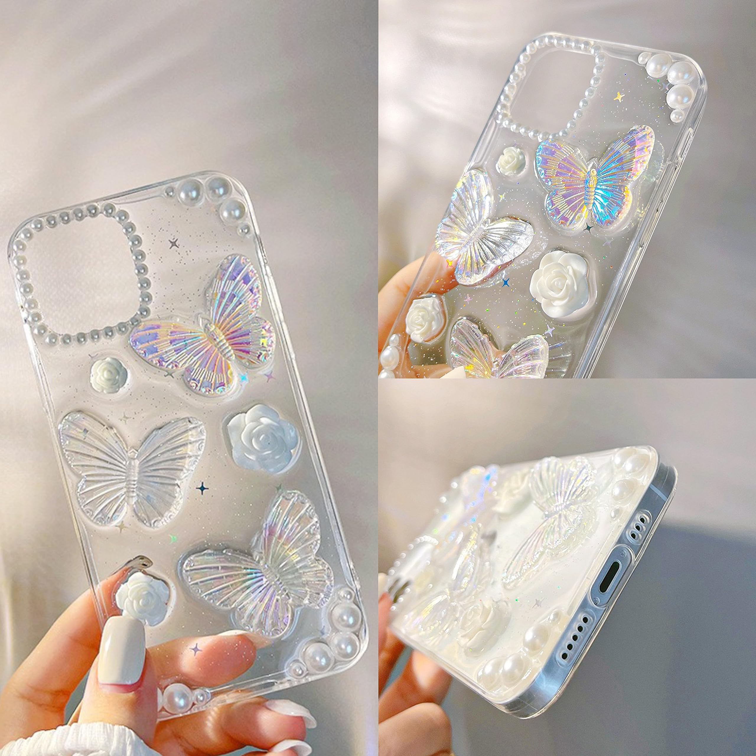 LOLAGIGI for iPhone 13 Pro Max Case Cute Butterfly Flower Pearl 3D Twinkle Glitter Spark Luxury Girly Aesthetic Personalized Design for Women Girls Transparent Epoxy TPU Case, 6.7", Clear