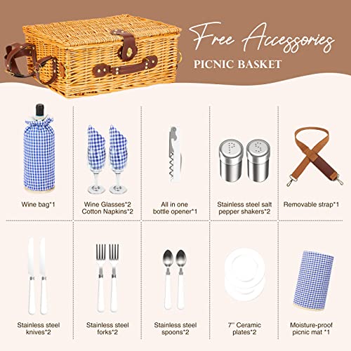 Greenstell Wicker Picnic Basket Sets for 2 Persons with High Sealing Insulation Layer,Waterproof Picnic Mat, Removable Strap and Wine Bag, Tableware, Picnic Basket for Family,Party,Outdoor,Camping