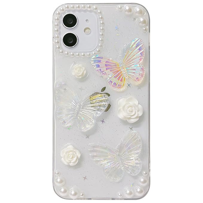LOLAGIGI for iPhone 13 Pro Max Case Cute Butterfly Flower Pearl 3D Twinkle Glitter Spark Luxury Girly Aesthetic Personalized Design for Women Girls Transparent Epoxy TPU Case, 6.7", Clear