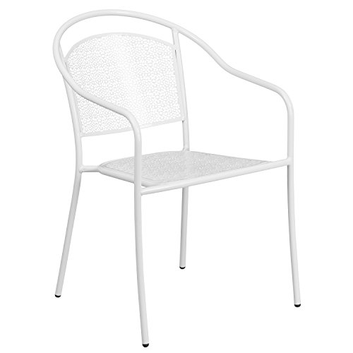 EMMA + OLIVER Commercial Grade White Indoor-Outdoor Steel Patio Arm Chair with Round Back