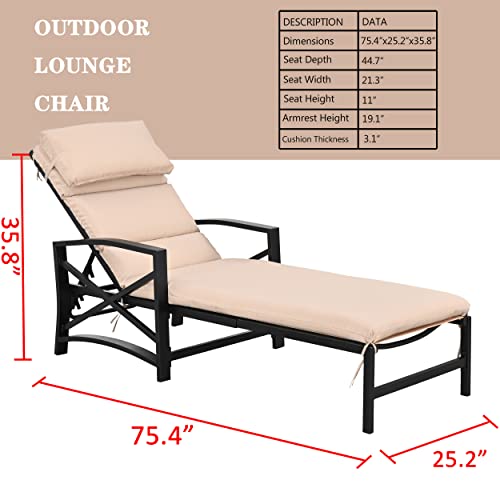 LOKATSE HOME Patio Chaise Lounge Chair Outdoor Furniture Reclining Adjustable with Cushion and Soft Pillow for Pool, Deck, Yard, Khaki