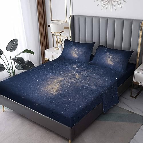 Space Sheets Full Size, Galaxy Stars Sky Bed Sheets, Patterned Bedding Sheets & Pillowcases 4 Piece Set - Soft Microfiber Deep Pocket Fitted Sheet & Flat Sheet & 2 Pillow Cases M2-&-176