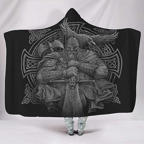 BURNAR Medieval 3D Printing Hooded Blanket Warm Celtic Knot Odin Raven Cross Compass Unisex Winter Wearable Hooded Blanket Double Thick Plush Fleece Blanket Cape (Color : C, Size : 80x60in/150x200cm)