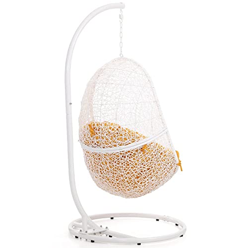 Zuri Furniture Modern Reef White Basket Swing Chair Yellow Cushion with Stand