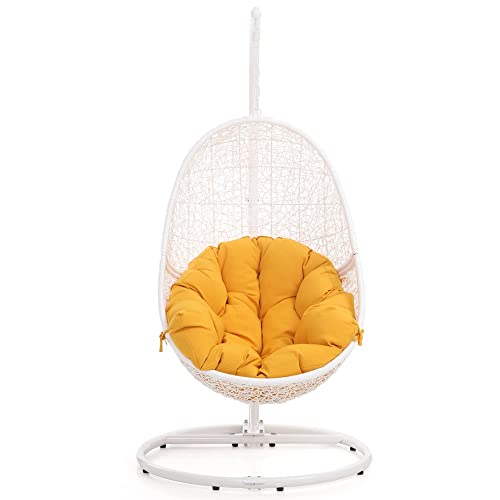 Zuri Furniture Modern Reef White Basket Swing Chair Yellow Cushion with Stand
